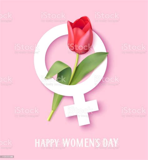 행복 한 여자의 날입니다 3 월 8 일 핑크 배경에 빨간 튤립 여성 기호입니다 벡터 일러스트 0명에 대한 스톡 벡터 아트 및