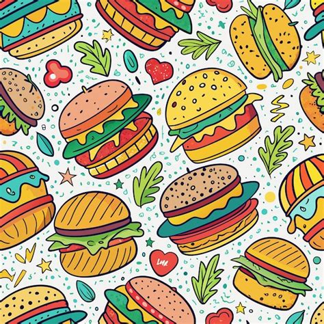 Colorful Hand Drawn Burgers Seamless Pattern Premium Ai Generated Vector