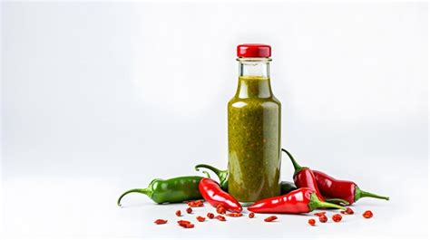 Premium Photo Hot Sauce Bottle With Many Green And Red Chili Peppers
