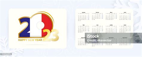 프랑스어로 된 가로 포켓 캘린더 2023 2023년 새해 아이콘과 프랑스의 국기 0명에 대한 스톡 벡터 아트 및 기타 이미지