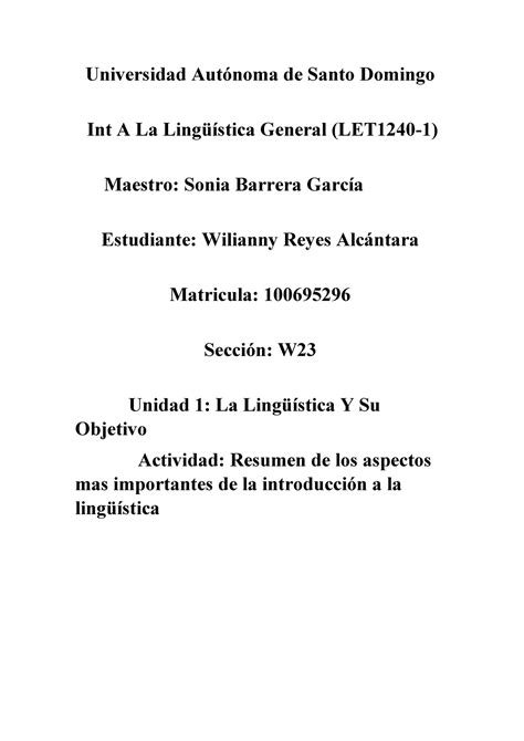 Unidad 1 La Lingüística Y Su Objetivo Actividad Resumen Sobre La