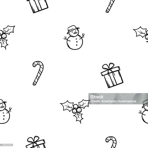 간단한 벡터 흑인과 백인 손으로 그린 새해 패턴 크리스마스 겨우살이 눈사람 선물 및 사탕 지팡이 포장지 장식 인쇄 배너에 대 한 끝없는 휴일 배경 겨우살이과에 대한 스톡