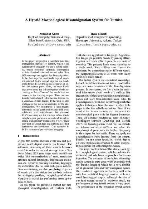 Pdf A Hybrid Morphological Disambiguation System For Turkish