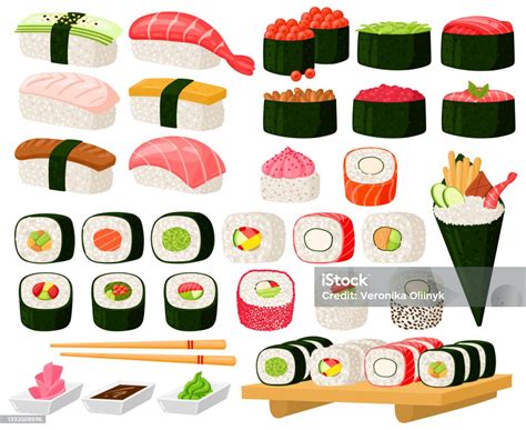 만화 아시아 요리 롤 초밥 생선회 요리 일본 식 동양 요리 해초 쌀 생선 및 육류 식사 벡터 일러스트 레이션 세트 전통 초밥