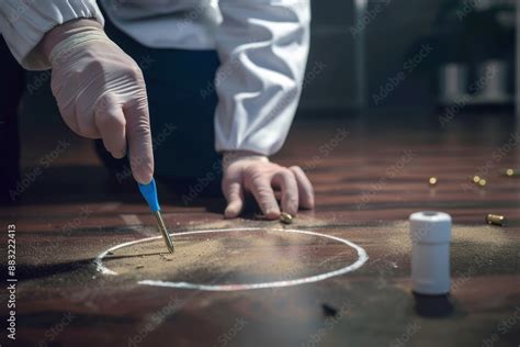 Forensic Scientist Working At The Crime Scene A 9mm Bullet Collecting