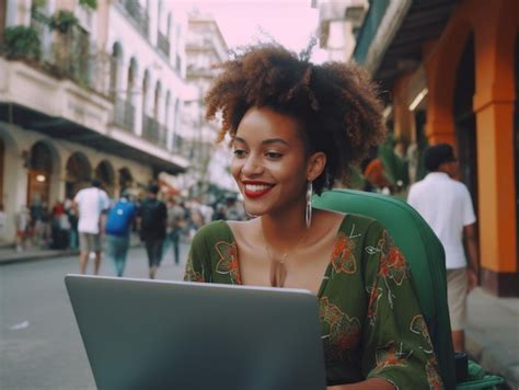 Premium Ai Image Woman From Colombia Working On A Laptop In A Vibrant