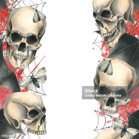죽음의 날과 할로윈 휴가를 위해 핏자국이 있는 검은 박쥐 날개 거미줄 밤 나방이 있는 인간의 두개골 수채화 그림 손으로 그린 흰색 배경에 매끄러운 템플릿입니다 갈고리 발톱에