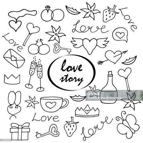 doodle romantik set simgeleri izole velentine sanat hattı koleksiyonu