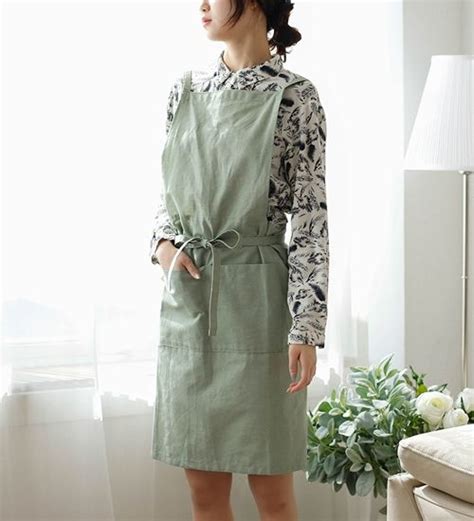 프롬세븐 심플 어깨끈 원피스 린넨 앞치마 민트 어깨끈 원피스 앞치마