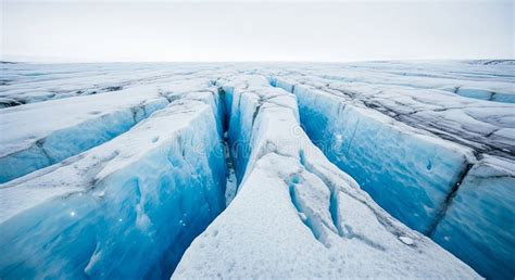 Deep Blue Glacier Crevasse Cutting Through A Vast Icy Landscape Under A Bright Sky Stock