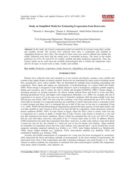 Pdf Study On Simplified Model For Estimating Evaporation From Reservoirs