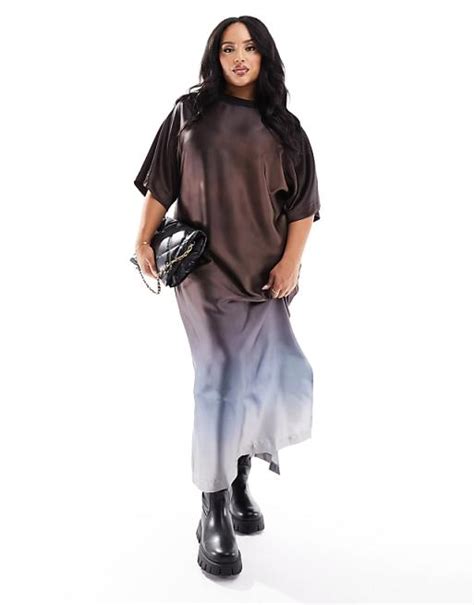 Asos Design Curve Robe T Shirt Mi Longue Et Oversize En Satin Effet