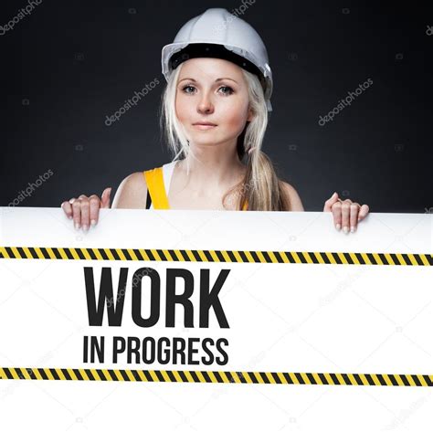 Work In Progress Sign On Template Board Worker Woman Stock Photo