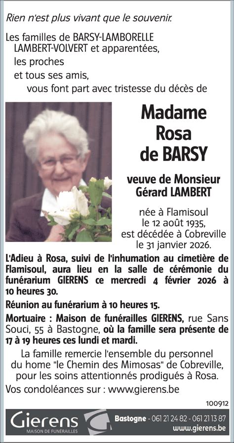 Avis De Décès De Rosa De Barsy Décédé Le 31012026 à Vaux Sur Sûre