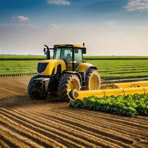 Yellow Tractor Driving Across A Large Field For Harvesting Crop In