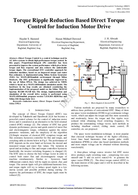 Pdf Ijert Torque Ripple Reduction Based Direct Torque Control For Induction Motor Drive