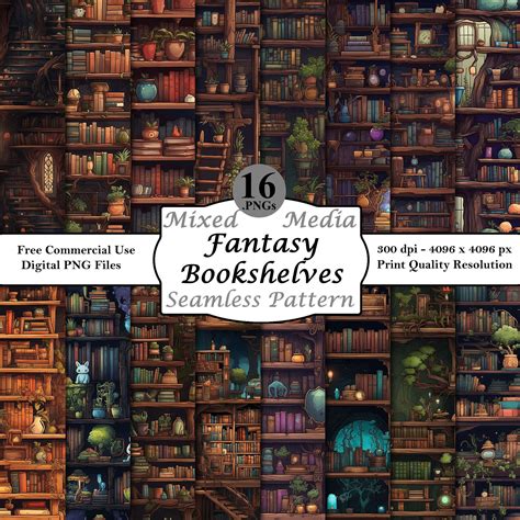 Fantasy Bookshelves Seamless Pattern Bundle Digital Papers Printable Instant Download Commercial
