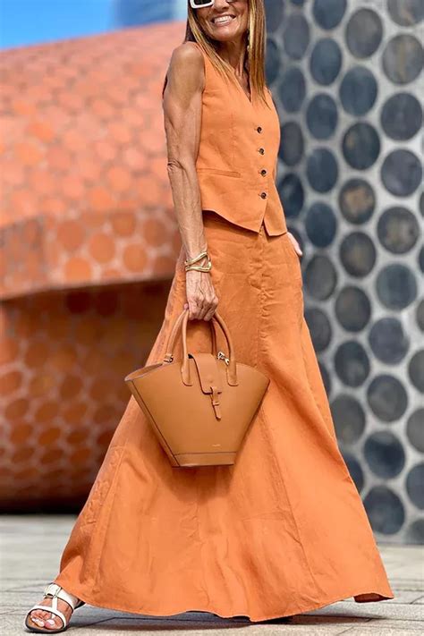 Button Vest Skirt Set Long Skirt Fashion Midi Flare Skirt Skirt Set