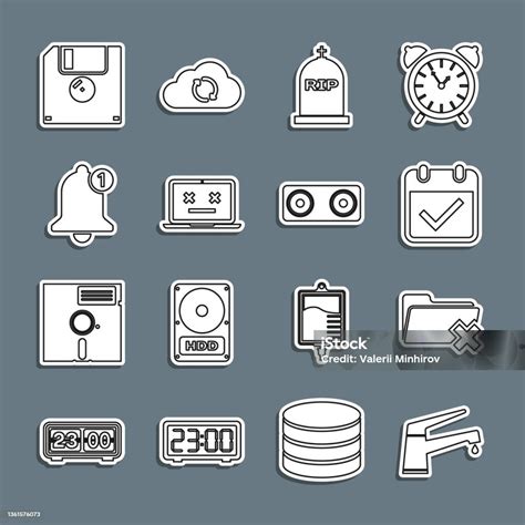 세트 라인 물 수돗물 폴더 삭제 확인 표시달력 삭제 표시 Rip 작성 죽은 노트북 벨 플로피 디스크와 스테레오 스피커 아이콘 벡터 가방에 대한 스톡 벡터 아트 및 기타