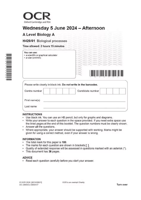 A Level June 2024 Ocr Biology A Paper 1 2 3 Including All Mark