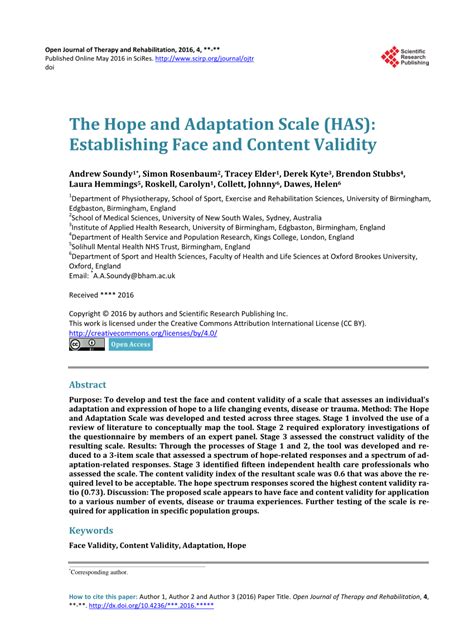 Pdf The Hope And Adaptation Scale Has Establishing Face And