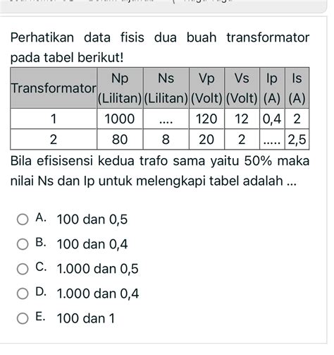 Perhatikan Data Fisis Dua Buah Transformator Pada Tabel Berikut