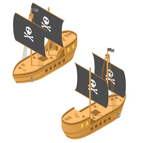 추상 아이소메트릭 컬렉션 A 크루즈 선박 3d 해적선 보트 수상 운송 운송 설정 프리미엄 벡터