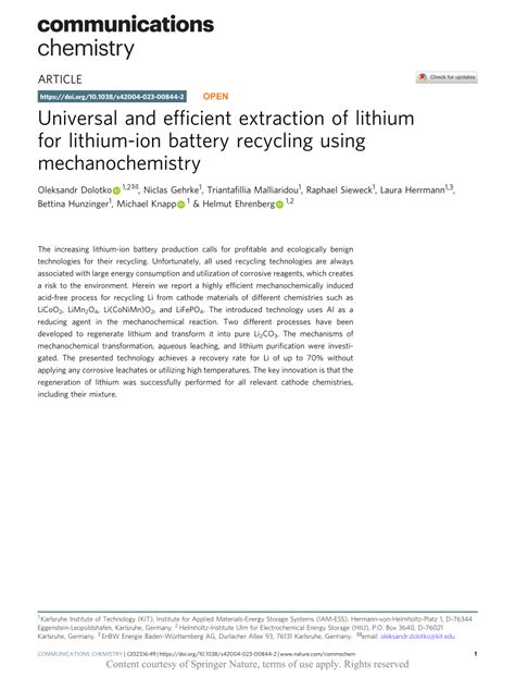 PDF Universal And Efficient Extraction Of Lithium For Lithium Ion Battery Recycling Using