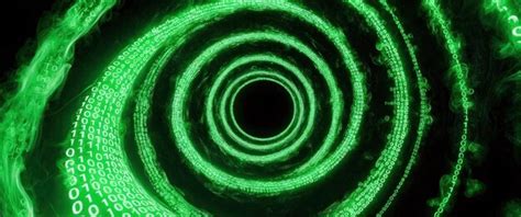 a spiraling vortex of green binary code on a black background evoking