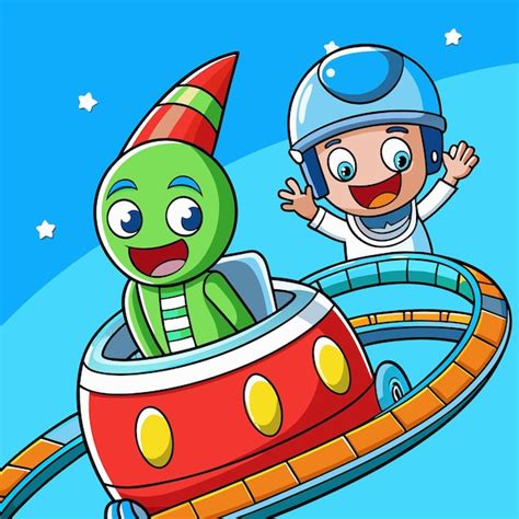 Adorable Astronaut And Alien On A Whimsical Rocket Roller Coaster Ride