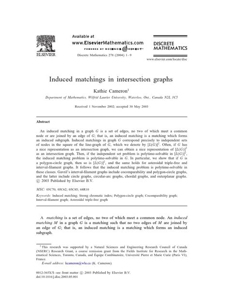 Induced Matchings In Intersection Graphs 2004 Discrete Mathematics