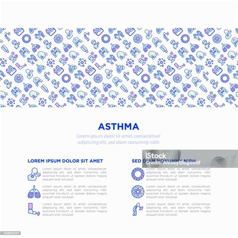 얇은 선 아이콘천식 개념 알레르겐 호흡 곤란 기침 천명 흉통 횡격막 두드러기 가래 피크 유량계 흡입기 분무기 벡터 일러스트레이션 복사 공간이 있는 템플릿입니다 개념에 대한