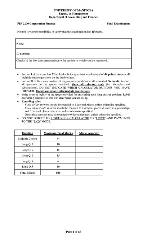 Final Winter 2012 Answers UNIVERSITY OF MANITOBA Faculty Of