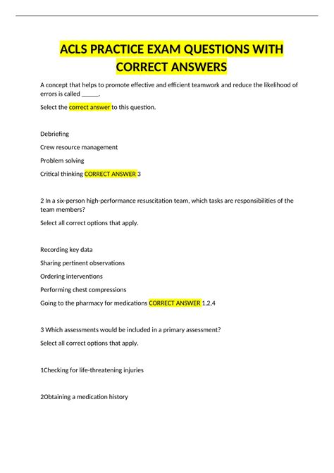 ACLS PRACTICE EXAM QUESTIONS WITH CORRECT ANSWERS Acls Stuvia US