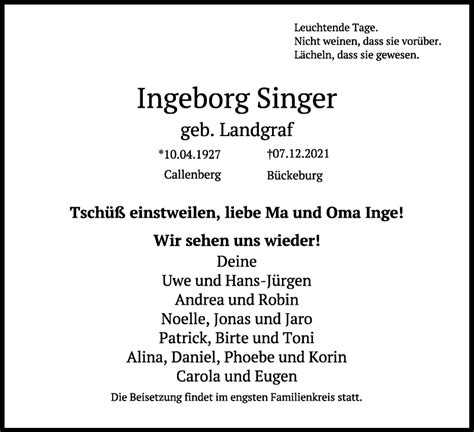 Traueranzeigen Von Ingeborg Singer Trauer Anzeigende