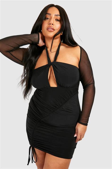 Plus Mesh Sleeve Double Slinky Bodycon Dress Boohoo Uk
