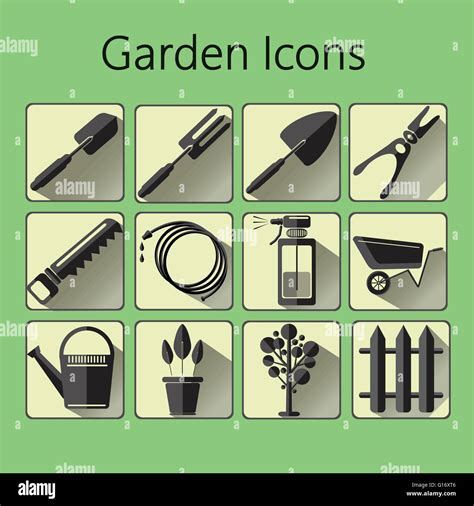 Black Gardening Icons Set Over A Green Background Digital Vector Image