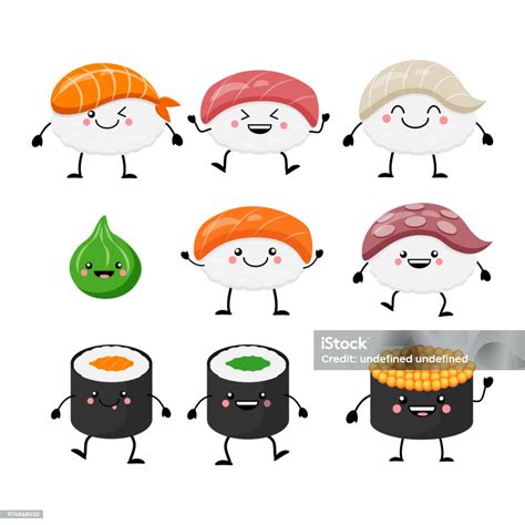 귀여운 만화 초밥 문자를 설정합니다 귀여운 초밥입니다 벡터 일러스트레이션 귀여운에 대한 스톡 벡터 아트 및 기타 이미지