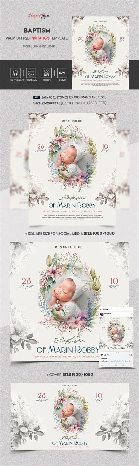 White Floral et Plantes Baptême Premium Modèle d invitation PSD gratuit