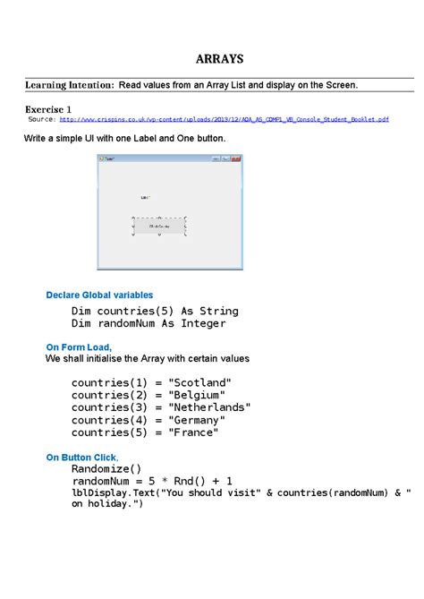 Arrays Exercise 1 Yur Arrays Learning Intention Read Values From