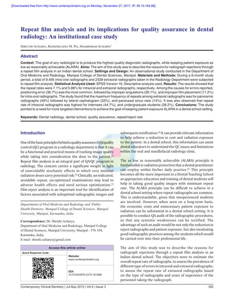 Pdf Repeat Film Analysis And Its Implications For Quality Assurance In Dental Radiology An
