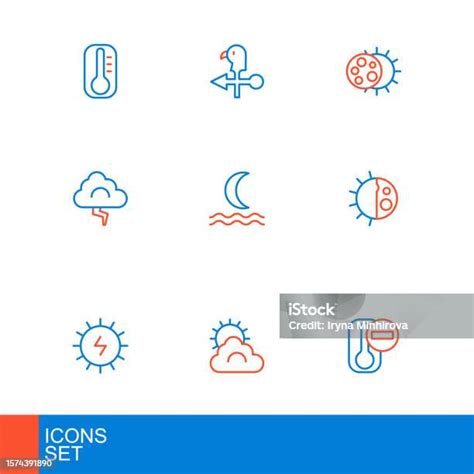 Set Garis Termometer Matahari Dan Cuaca Awan Panel Energi Surya Siklus