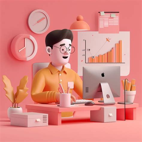 A Man Sits At A Desk With A Computer And A Graph On The Wall Behind Him