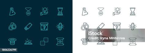 세트 라인 오래 된 모래 시계 마법 가루 미스터리 상자 게임 주사위 손톱 손 위에 떠 있는 공 귀와 사슬 눈 아이콘에 메달리온 벡터 가공의 인물에 대한 스톡 벡터 아트 및