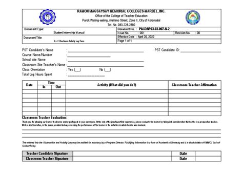 24 Form A Practicum Activity Log Form Pdf Classroom Education Theory