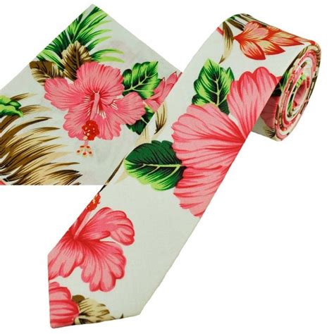 White With Pink Hibiscus Flower Patterned Cotton Men S Skinny Tie