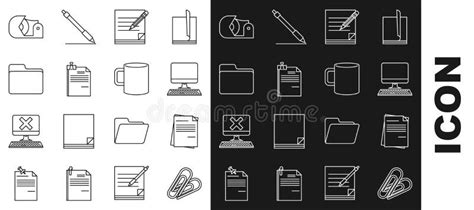 Set Line Paper Clip File Document Computer Monitor With Keyboard