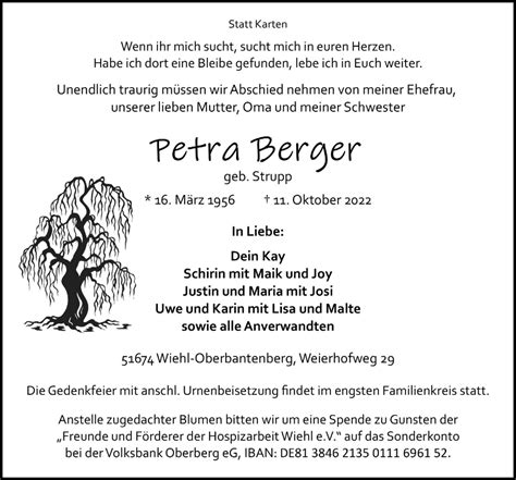 Traueranzeigen Von Petra Berger WirTrauern