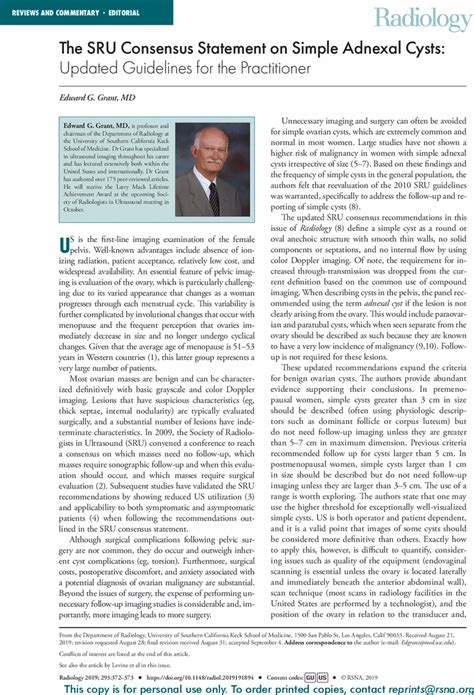 The Sru Consensus Statement On Simple Adnexal Cysts Updated Guidelines For The
