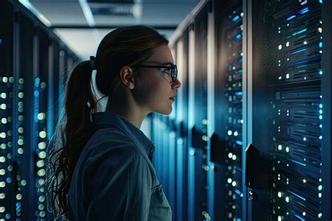 Female Engineer Brainstorming Cybersecurity In Server Room Premium Ai